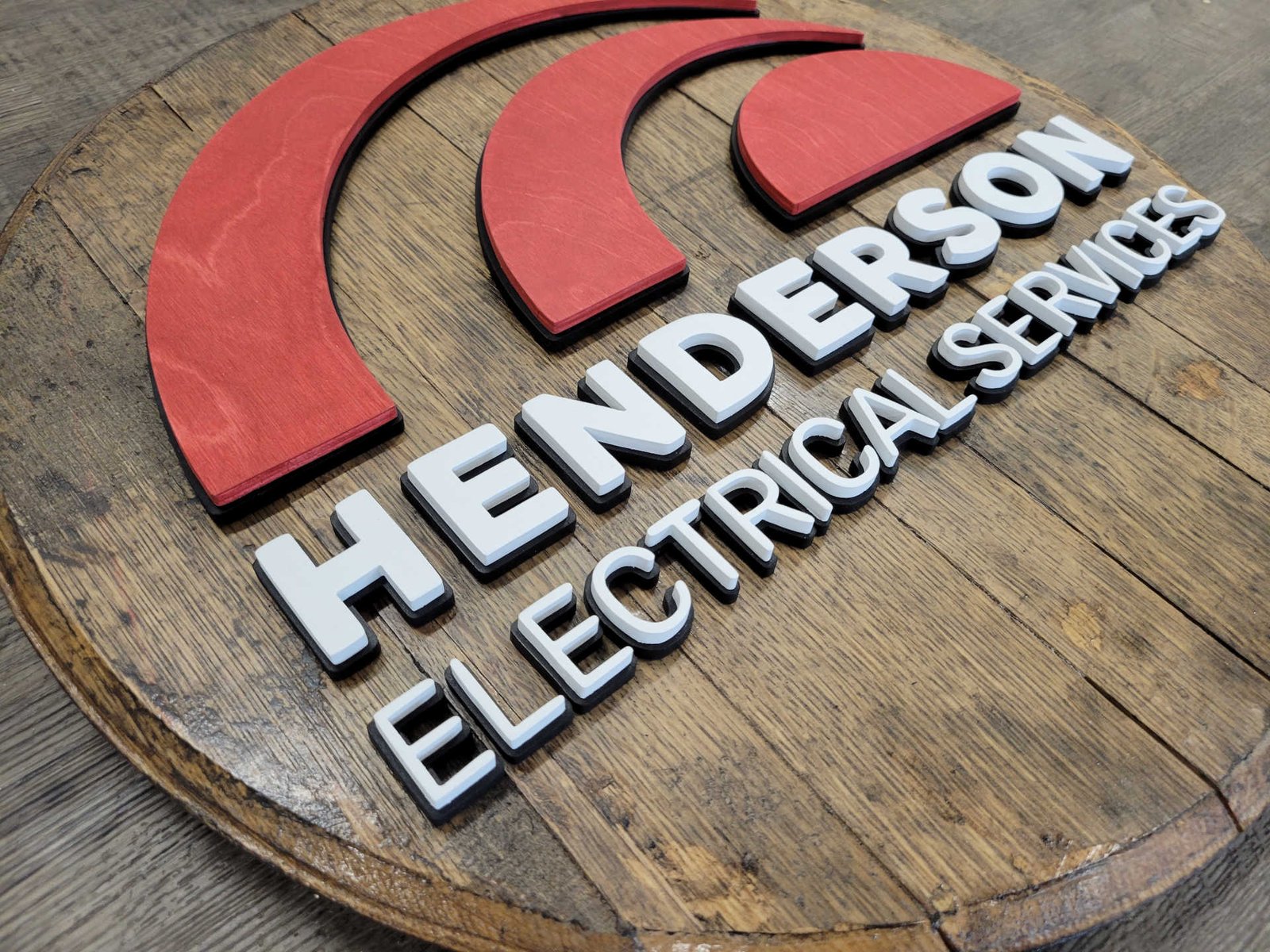Henderson Electrical Services Logo Bourbon Barrel Head - Made By Jay Lane