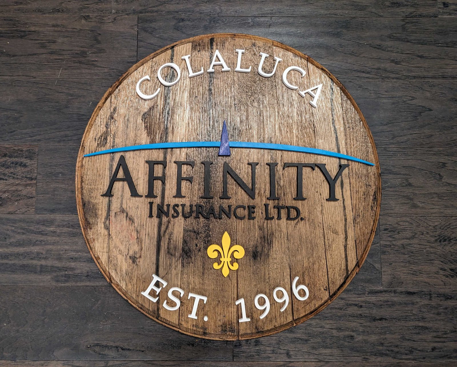 Affinity Insurance LTD Logo Bourbon Barrel Head - Made By Jay Lane