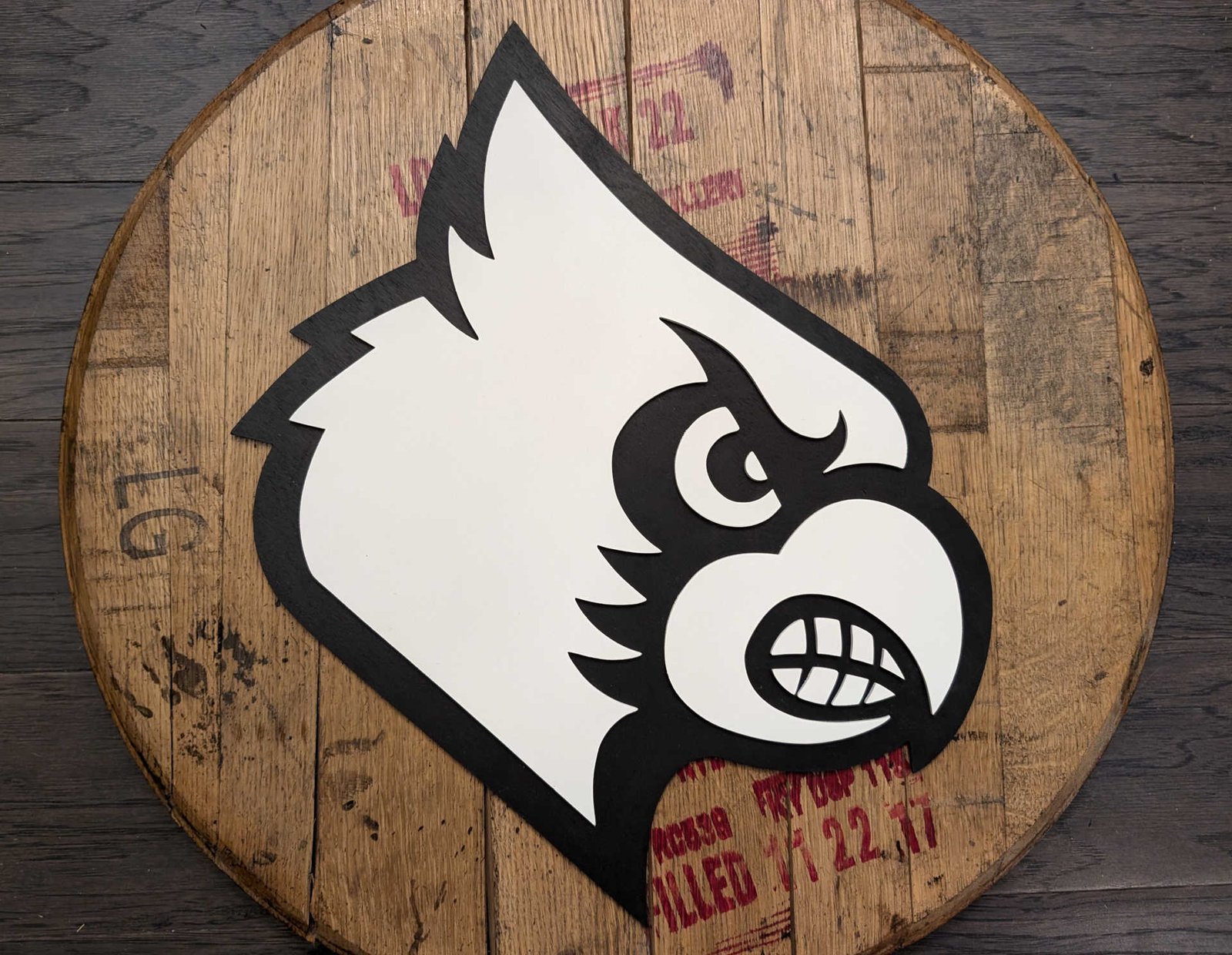 Louisville Cardinals B&W Logo Bourbon Barrel Head - Made By Jay Lane