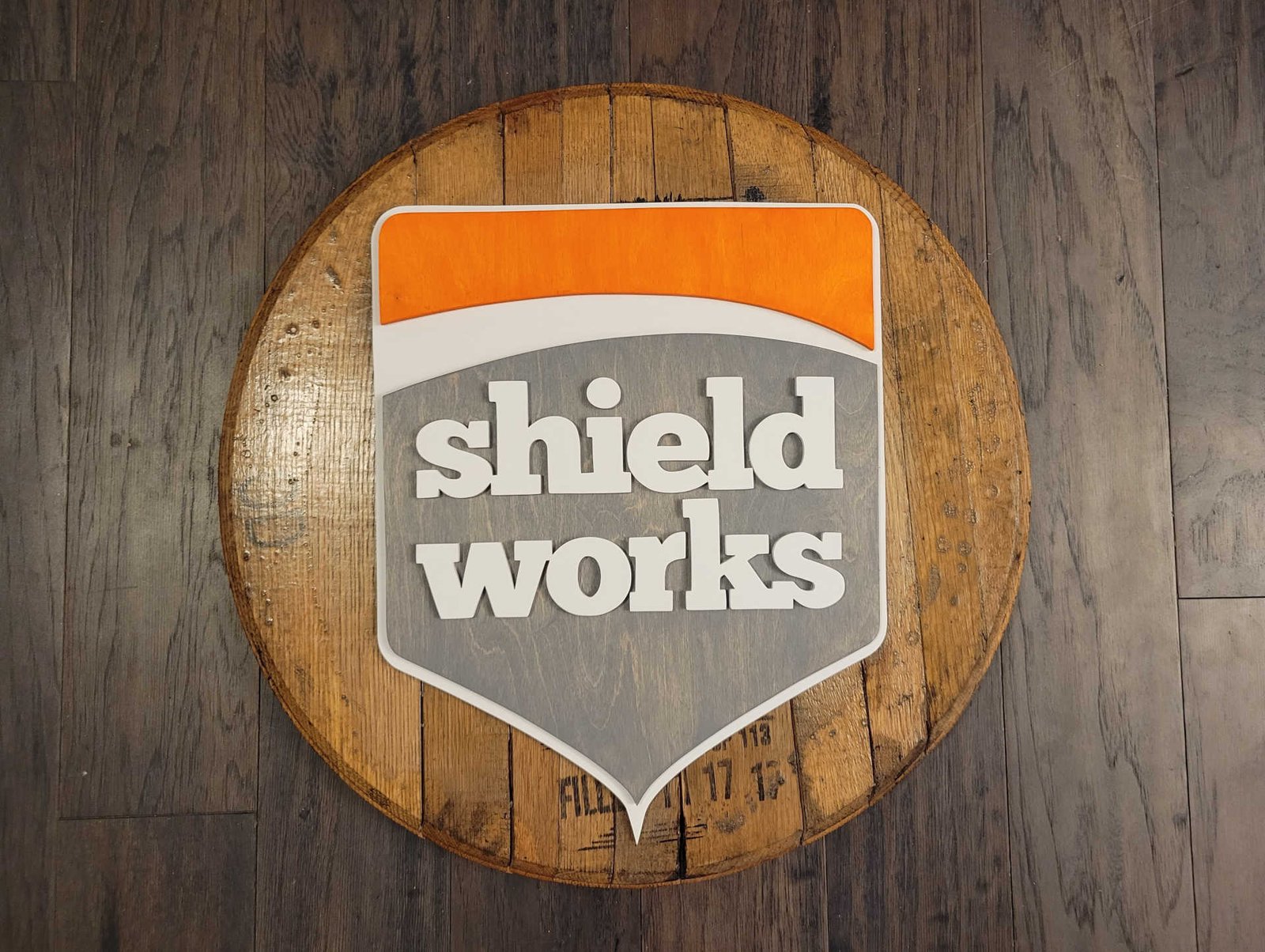 Shield Works Logo Bourbon Barrel Head - Made By Jay Lane