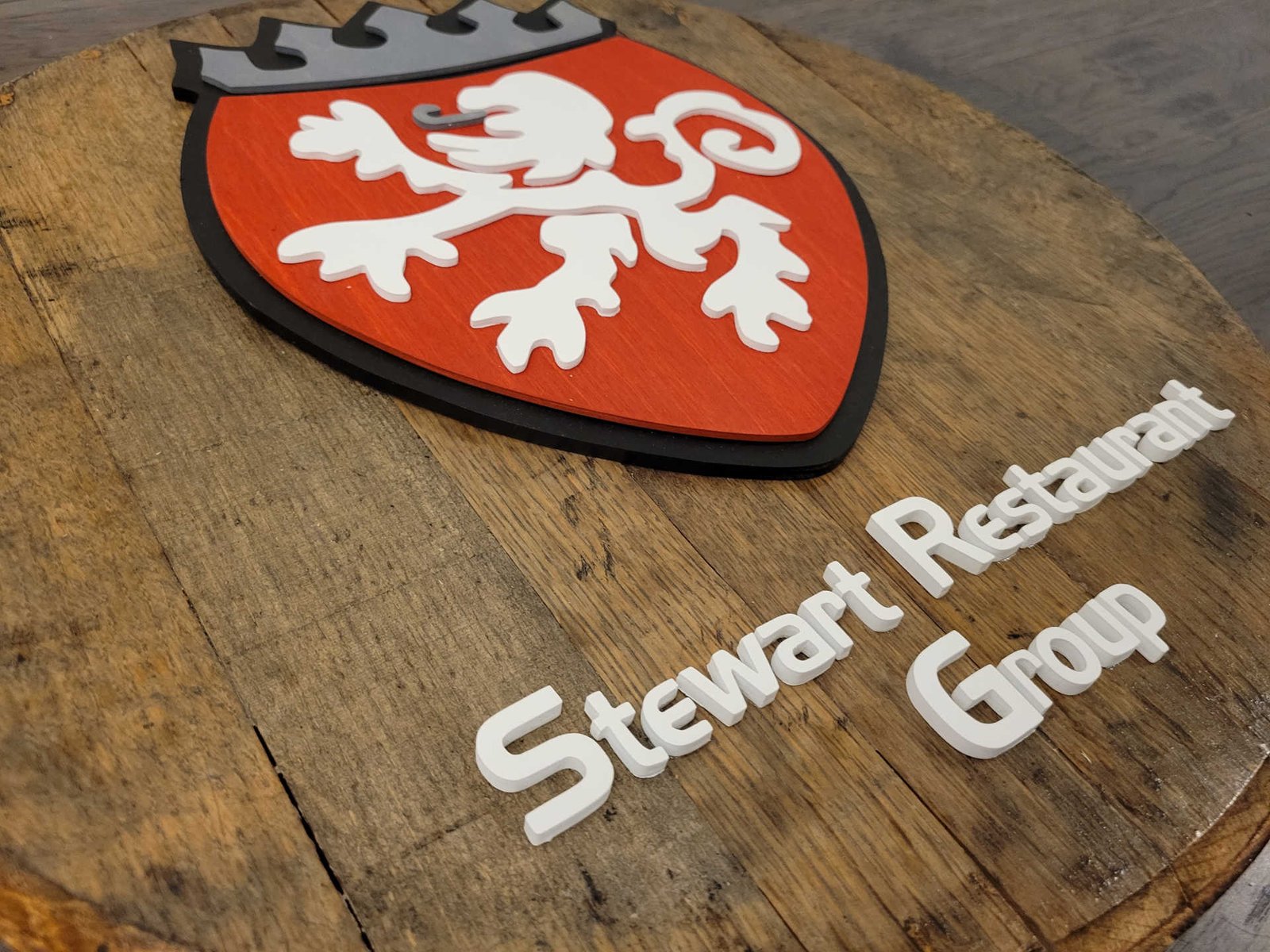 Stewart Restaurant Group Logo Bourbon Barrel Head - Made By Jay Lane